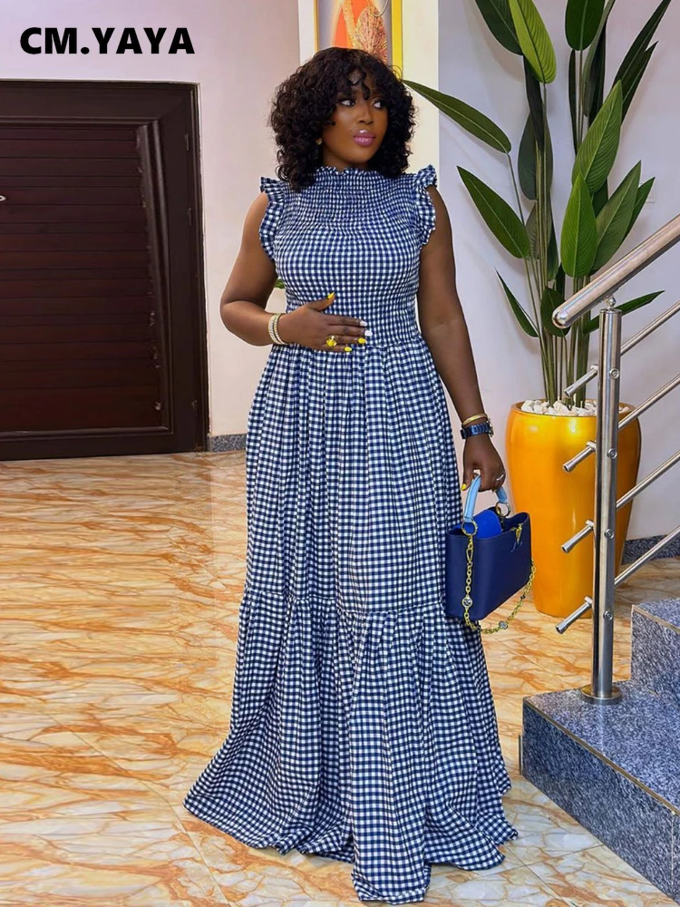 CM-YAYA-Women-Plaid-Printed-O-neck-Sleeveless-Straight-Maxi-Long-Dress ...