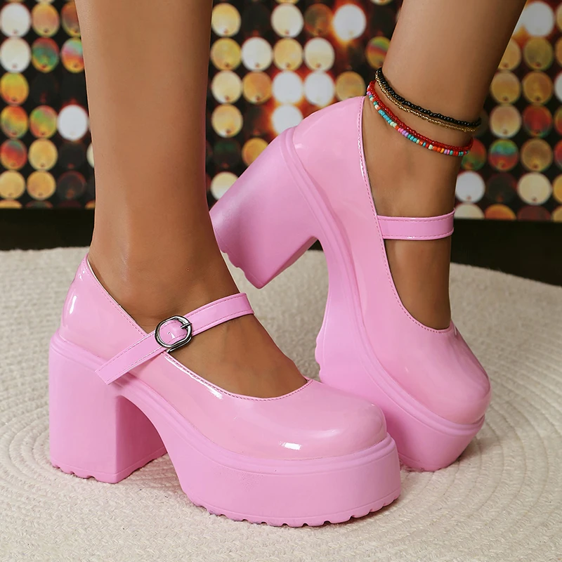 Hot-Pink-Chunky-Platform-Pumps-Women-Patent-Leather-Super-High-Heels ...