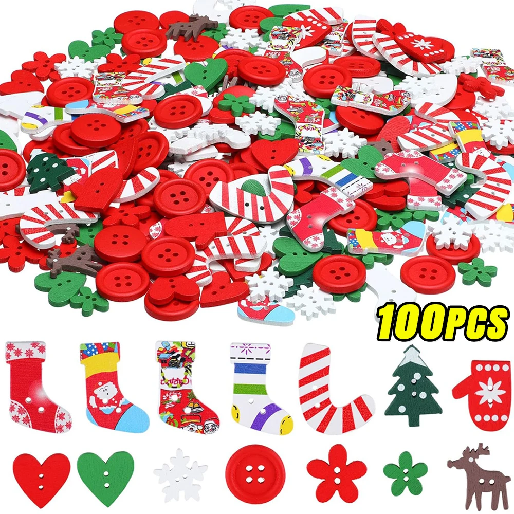 100/50Pcs Christmas Wooden Buttons Mini Xmas Tree Snowflake Sewing ...