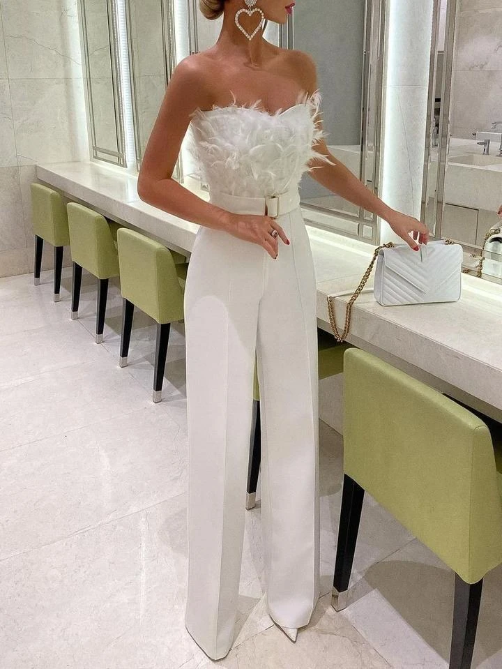 Jumpsuit Women Elegant Long Jumpsuit Strapless Slash Neck Feather Tube ...