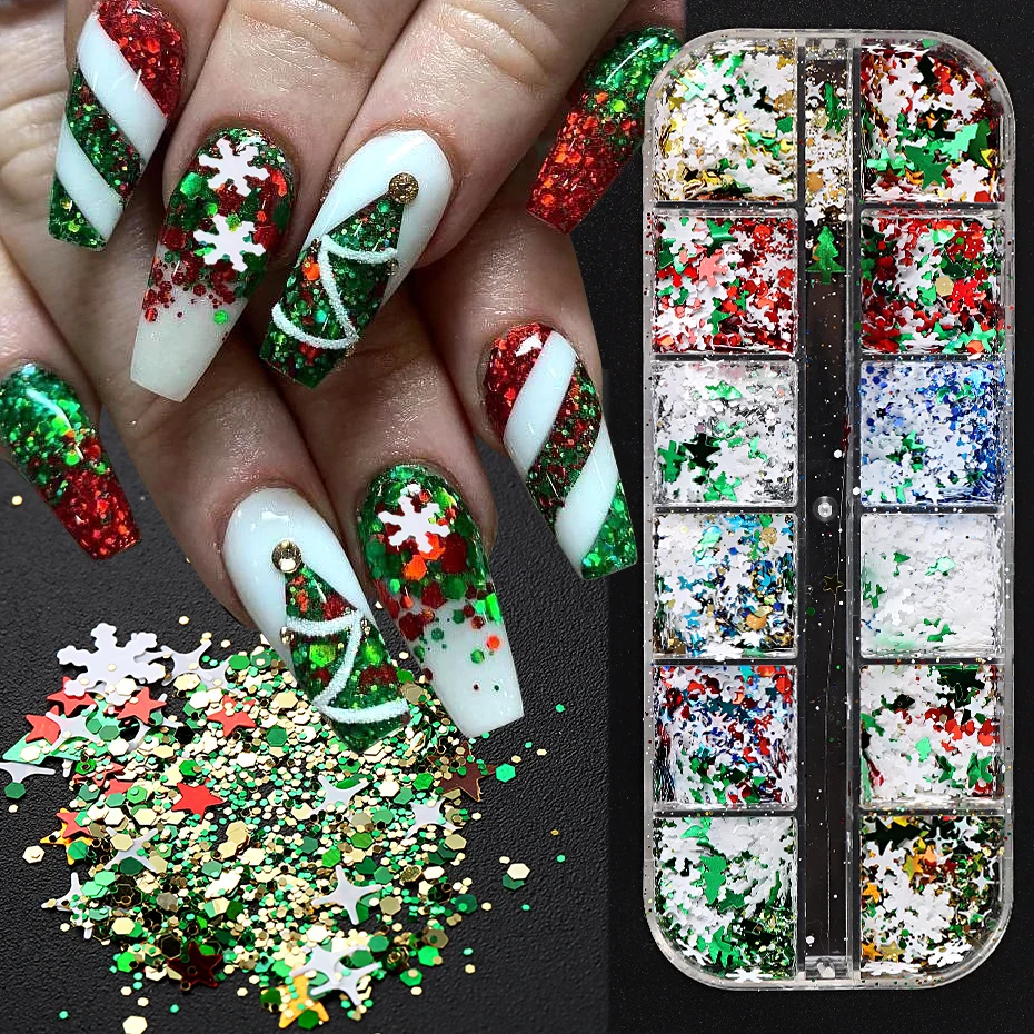 Merry-Christmas-Flakes-Nails-Art-Glitter-Green-Red-Xmas-Sequins-White ...
