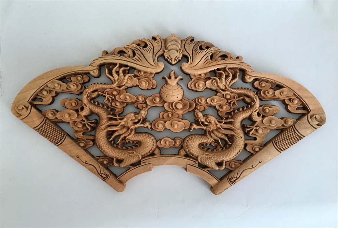 Fan-shaped classical wood carving decorations, auspicious dragons and ...