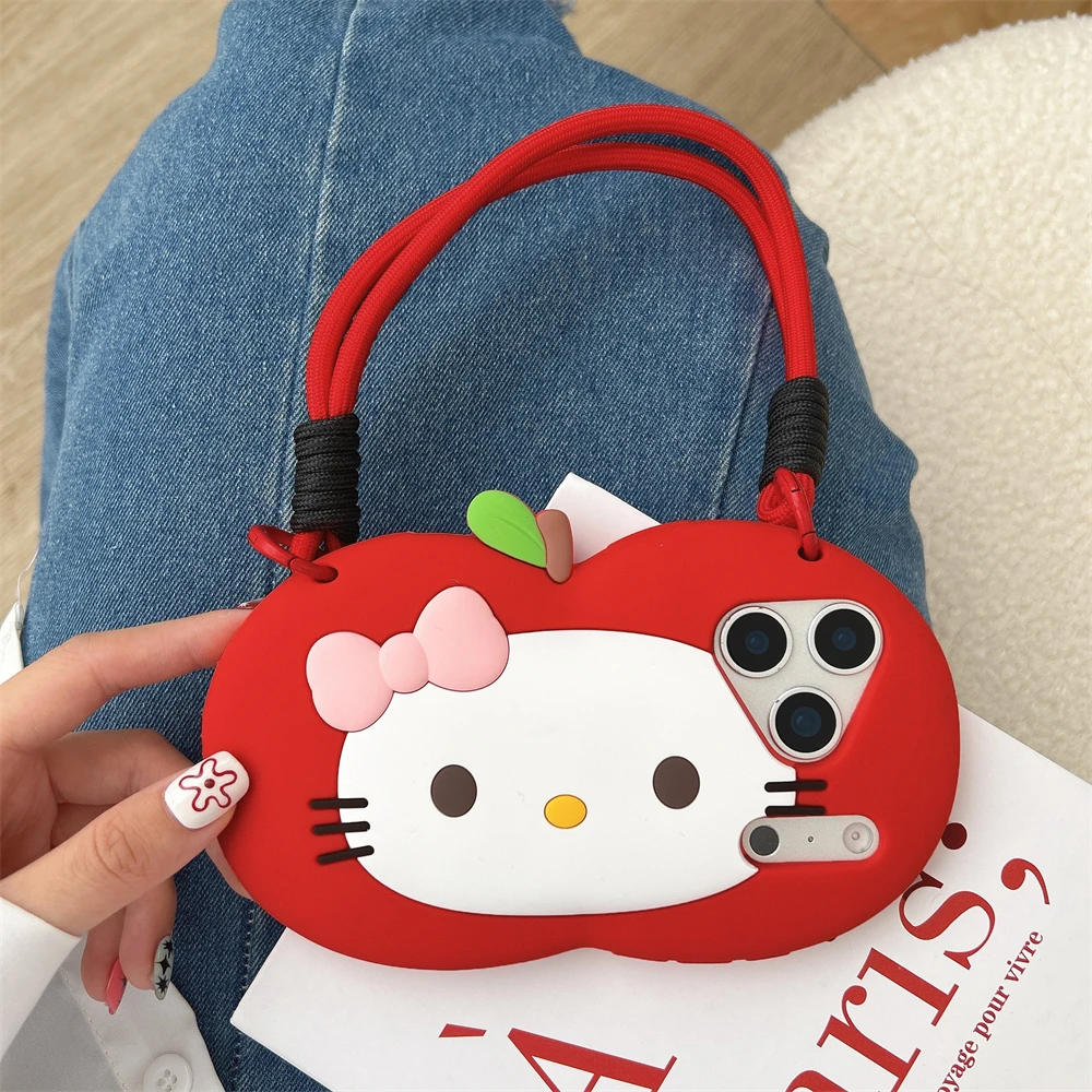 3D Lovely Cartoon Hello Kitty Wrist Strap Case For iPhone 15 14 13 12 ...