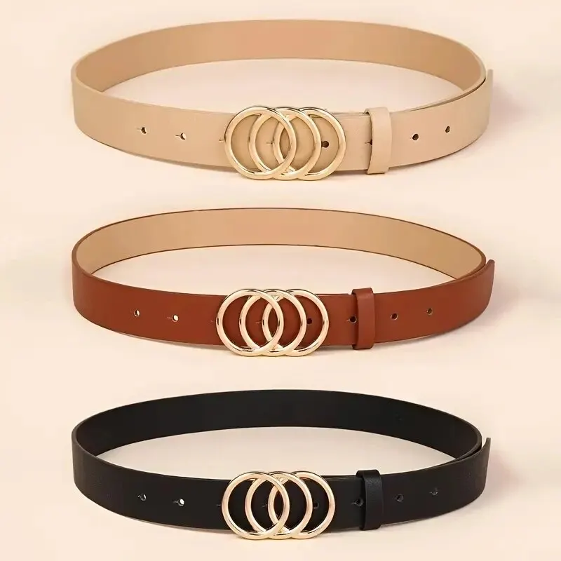 1pc Women's Belt Trend Triple Round Buckle Belt Simple Versatile Youth ...