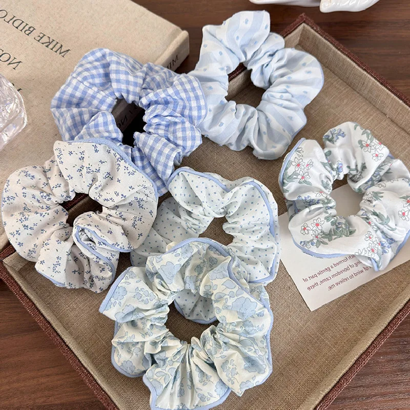 6pcs/set Scrunchies Small Blue Color Flower Print Hair Ties Ponytail ...