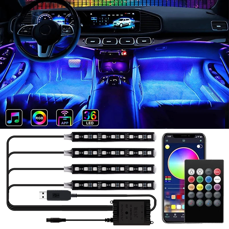 4 PCS LED Light Bar Car Interior Decorative Atmosphere RGB Strip Lights ...