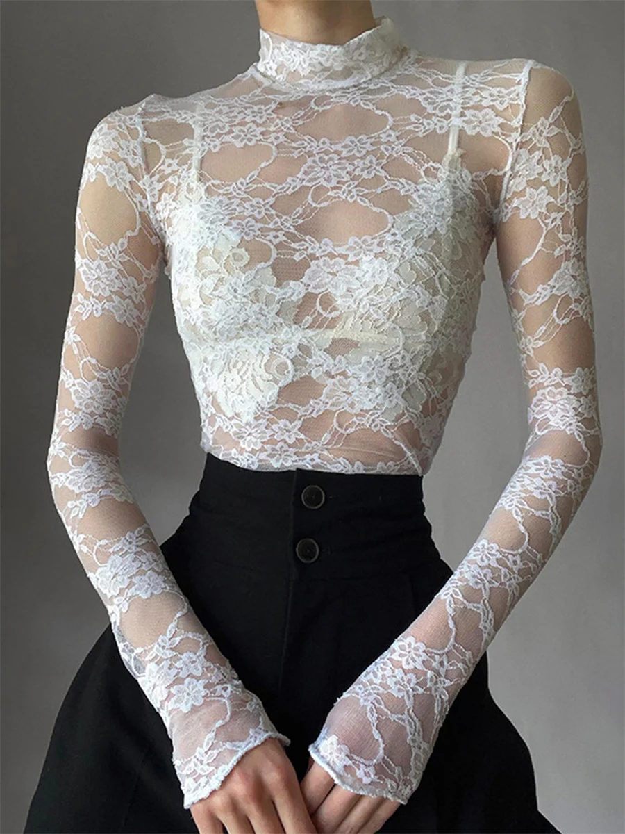 Transparent-Lace-Crop-Top-Women-Elegant-Sexy-Solid-White-Long-Sleeve ...