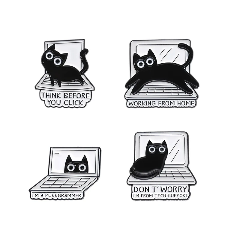 Think-Before-Click-Enamel-Pins-Black-Cat-Computer-Programer-Brooch ...