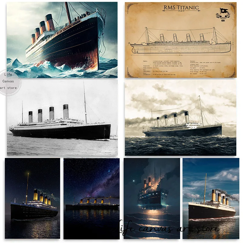 Vintage-Classic-Titanic-Boat-on-The-Ccean-Sailing-Ship-Sea-Waves-Art ...