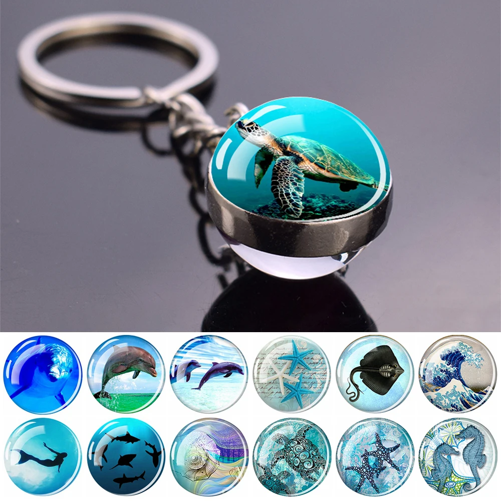Blue-Sea-Keychain-Marine-Organisms-Cute-Key-Chain-Double-Sided-Glass ...