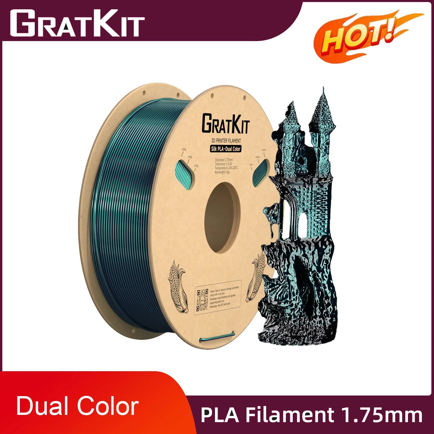 Gratkit Silk Dual Color PLA Filament, Coextrusion PLA Filament 1.75mm ...