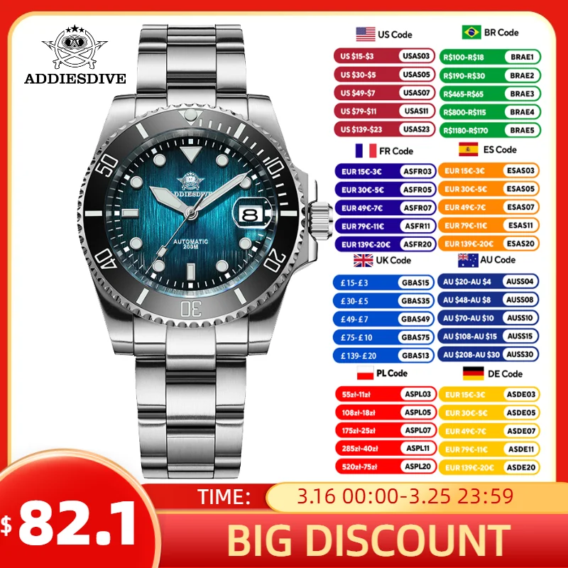 ADDIESDIVE 41mm Diver's Watch New 8215 Automatic Watches Sapphire Glass ...
