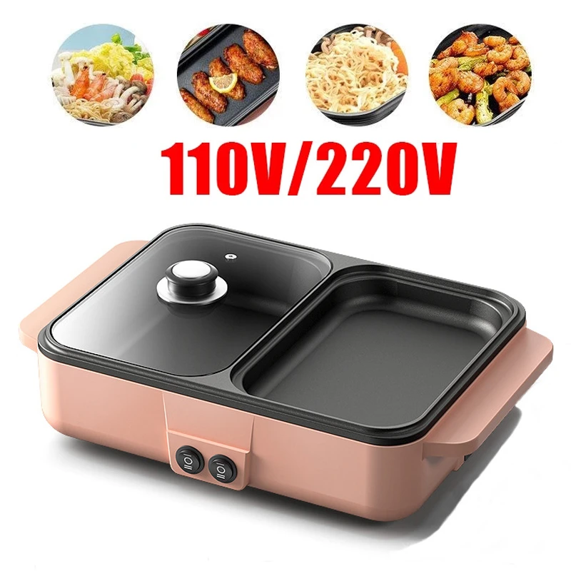 110V/220V 2 IN 1 elektrikli tencere ocak barbekü izgara Multicooker ...