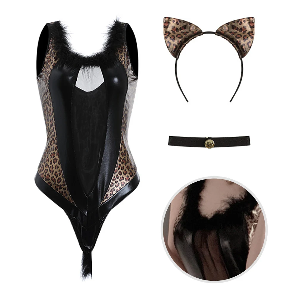 Sexy Lingerie Cat Girl Uniform Set Women Patent Leather Jumpsuit Leopard Printed Female