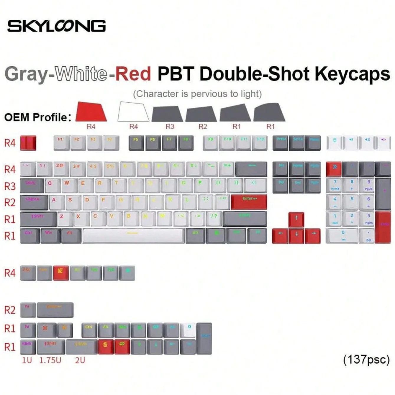 SKYLOONG-PBT-Keycaps-Gray-White-Red-Double-Shot-OEM-Profile-Character ...