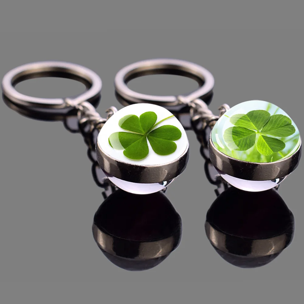 Natural Four-leaf Clover Glass Ball Keychain Daisy Metal Keyring Lucky ...
