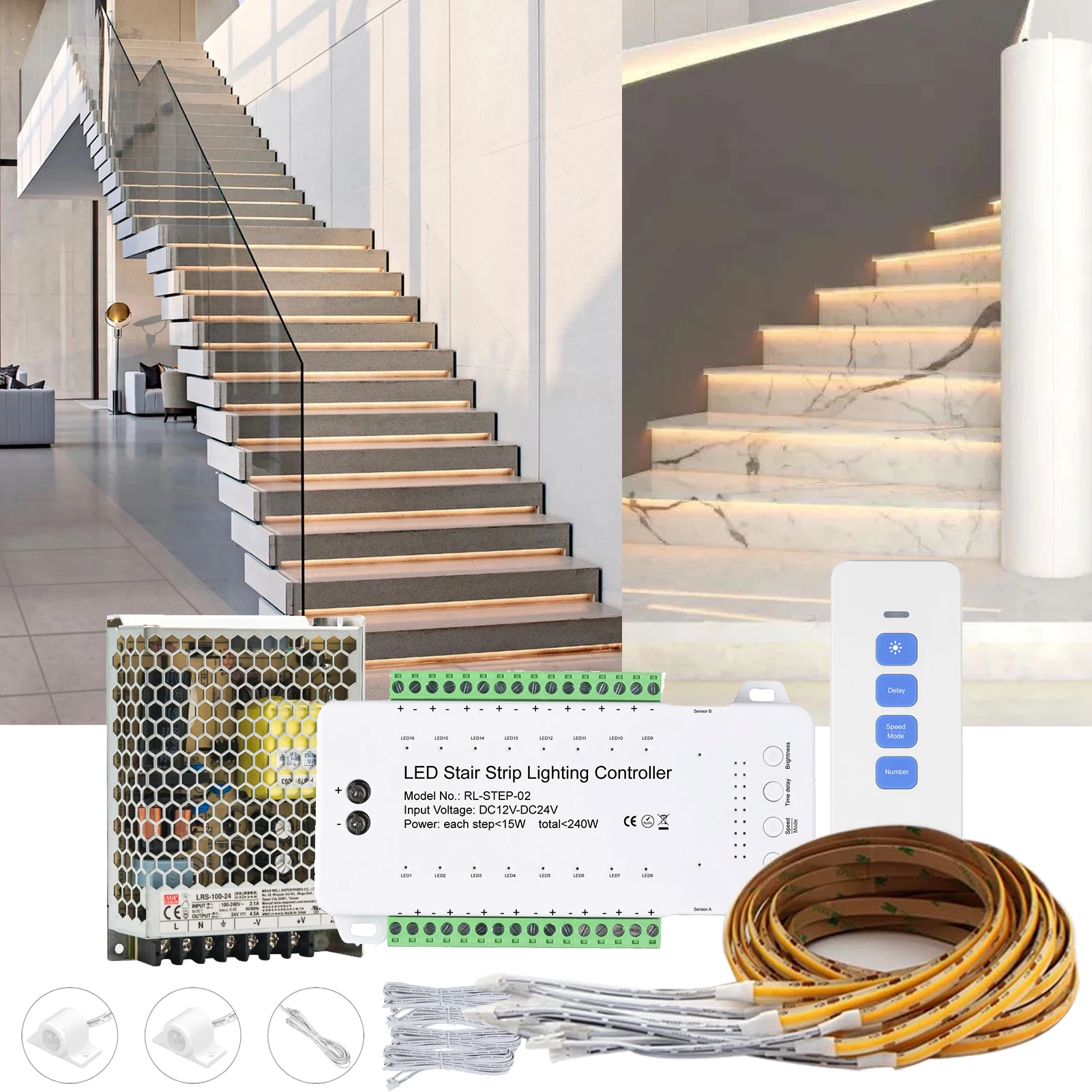 Day-Night-Remote-16-Step-PIR-Motion-Sensor-COB-LED-Stair-Lights-Kit-40 ...