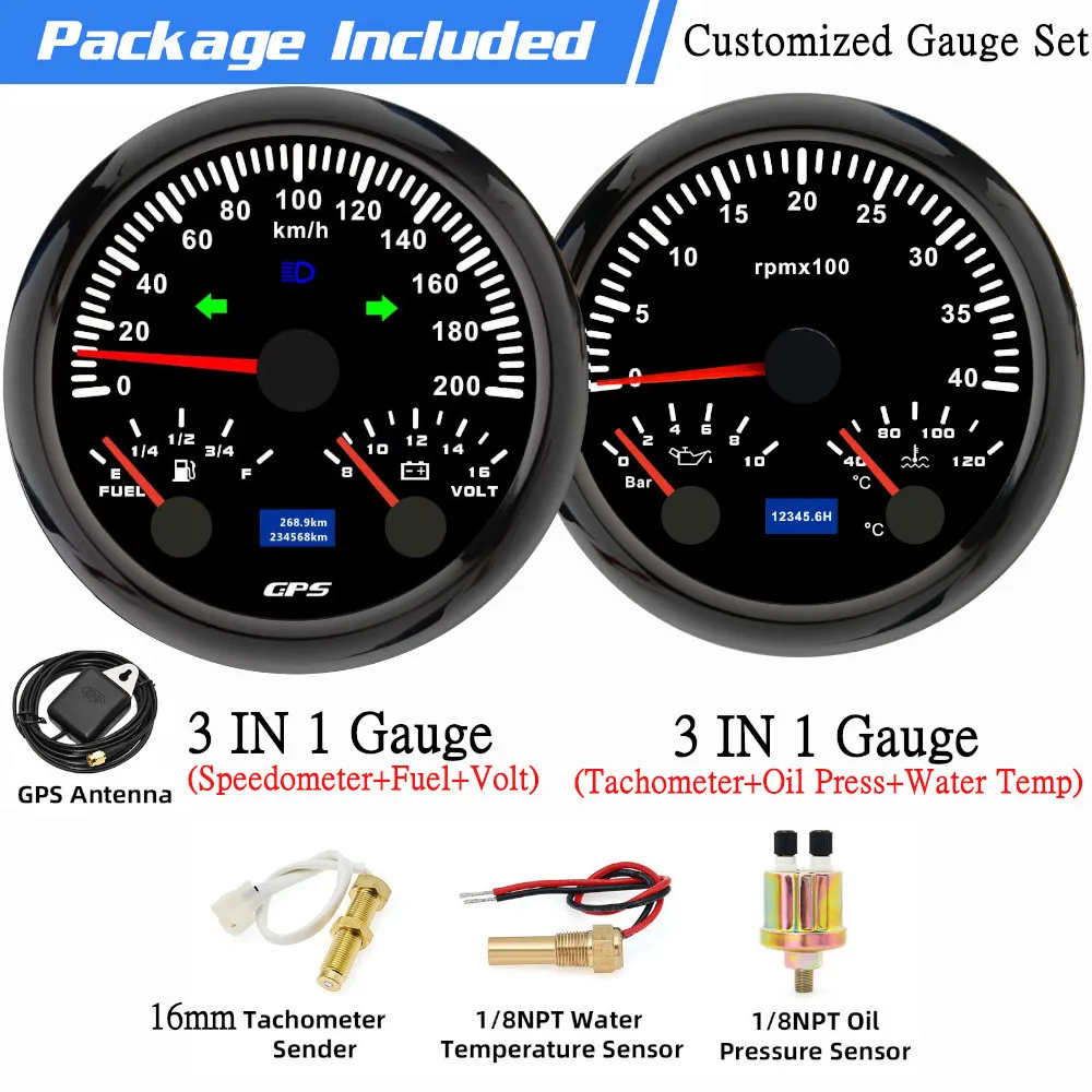 Custom 85mm 2 Gauge Set With Sensors 3 in 1 Gauge 200kmh 120kmh GPS ...