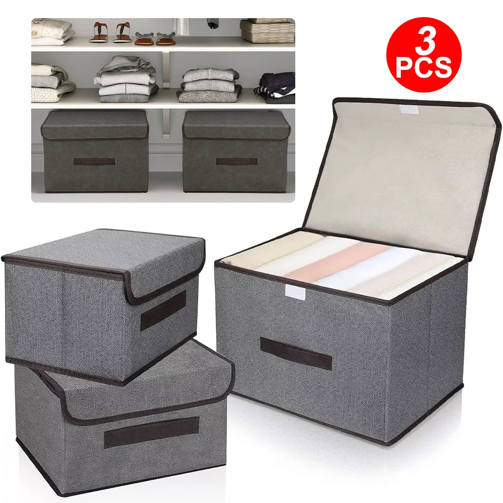 3Pcs Large Foldable Canvas Storage Boxes - Fabric Clothes Baskets with ...