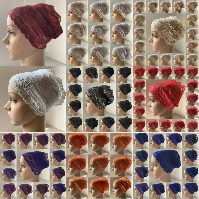 Full Cover Head Inner Cap Flower Lace Muslim Headscarf Islamic Headwear ...