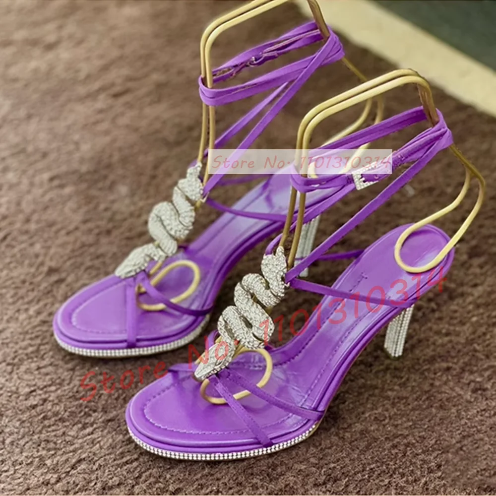 Snake-shaped Crystal Purple Sandals Women Bling Gems High Heel Cross ...