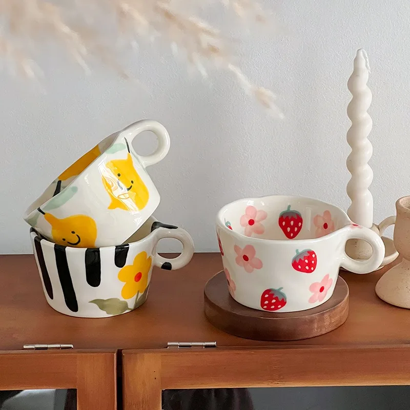 Ins Cute Hand Pinched Ceramic Mugs Hand Painted Strawberry Flower ...