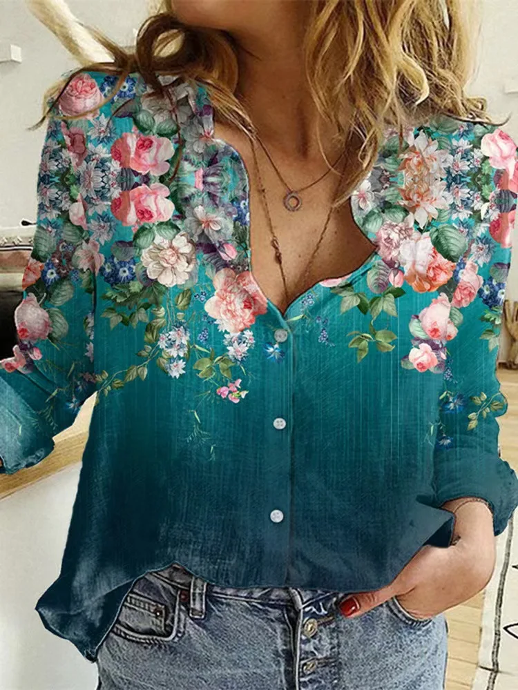 Chemise,Chemisier Vintage rétro imprimé Floral pour femmes, chemise ...