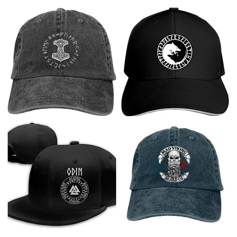 Vikings-Mjolnir-and-Rune-Wheel-Norse-Mythology-Symbol-Baseball-Dad-Cap ...