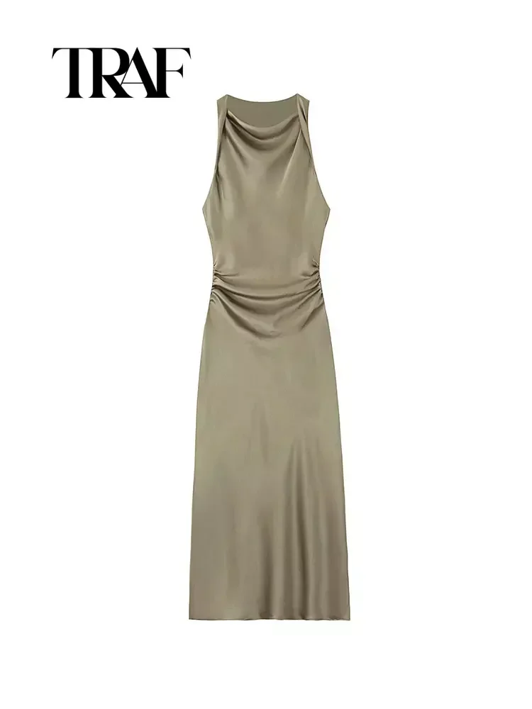 TRAF-Vestidos-Midi-de-sat-n-para-mujer-vestido-largo-Sexy-Halter-fiesta ...