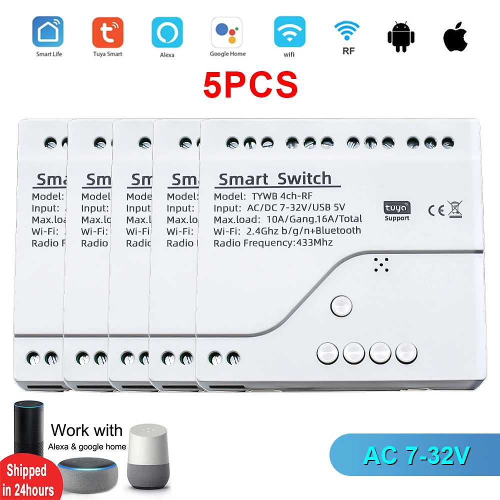 5PCS-4CH-Tuya-AC-7-32V-22V-Smart-Switch-Module-433MHZ-RF-Remote-Control ...