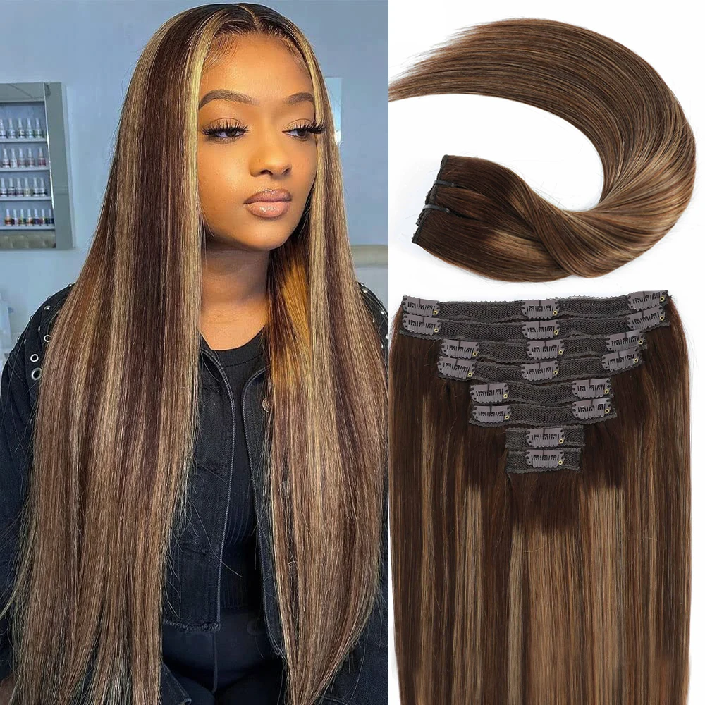 18-Clips-In-Hair-Extensions-4-27-4-Color-Brazilian-Straight-100-Human ...