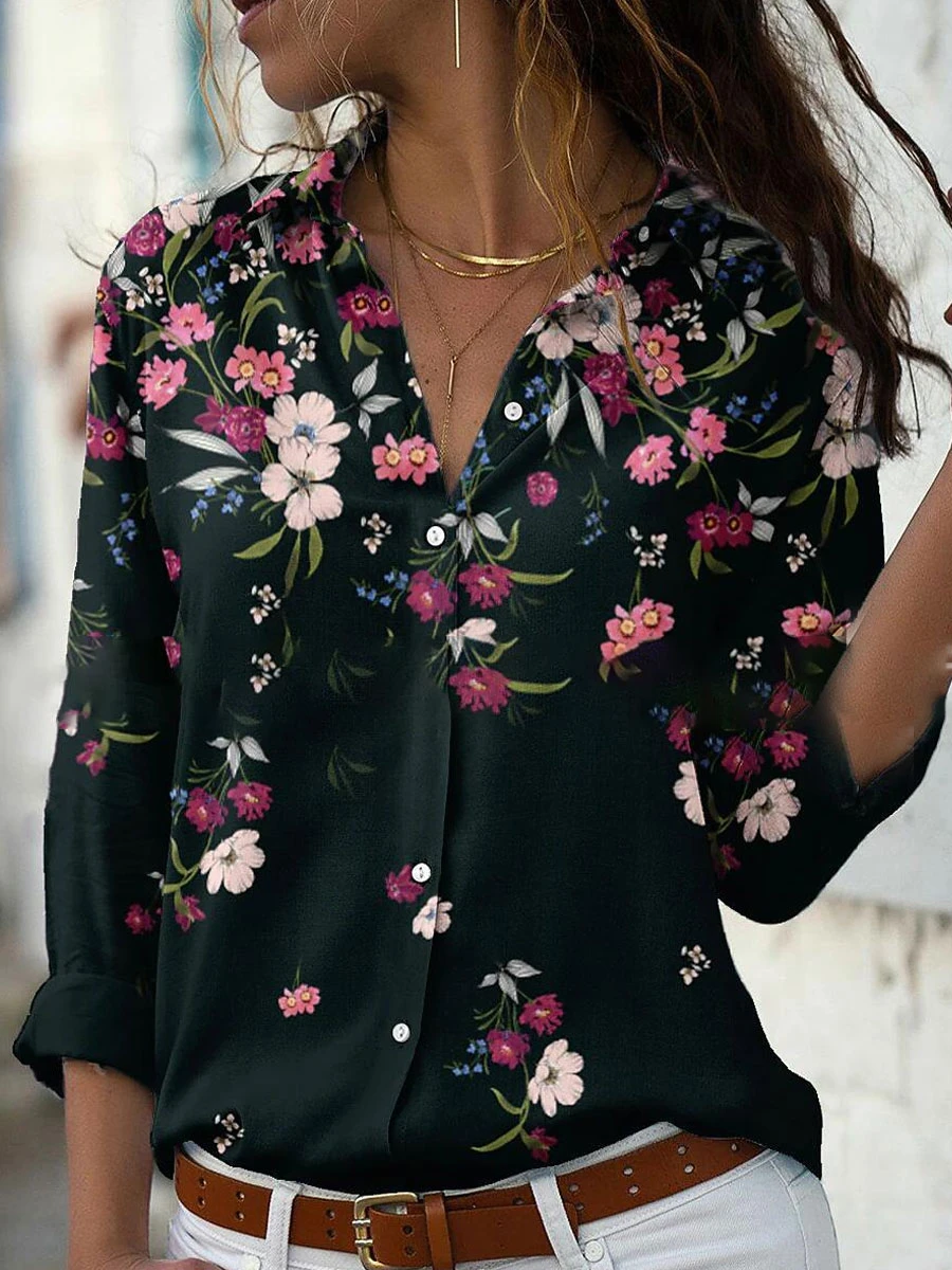 Women-Shirt-Daily-Weekend-Blouse-Long-Sleeve-Button-Print-Shirt-Collar ...