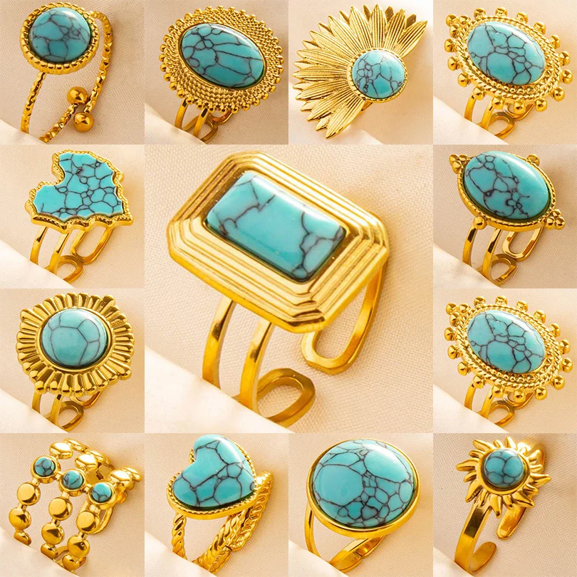 5PCS Trendy Gold Plated Bohemia Stainless Steel Rings Light Blue Stone ...
