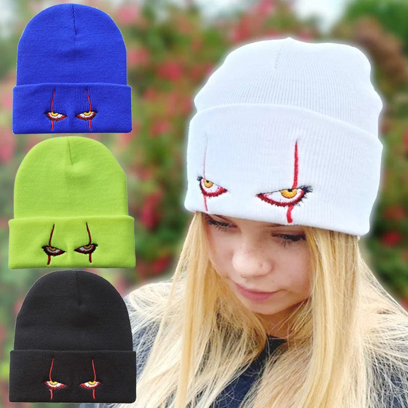 Embroidered-Woolen-Beanies-Hat-Scary-Clown-Eyes-Knitted-Hat-Soft ...