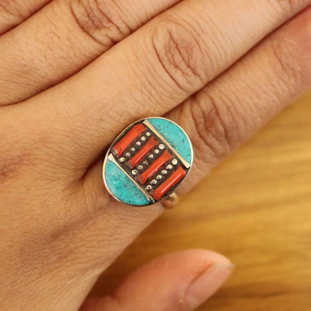 RG377 Handmade Nepal Jewelry Copper Inlaid Turquoises Coral Stone Oval ...