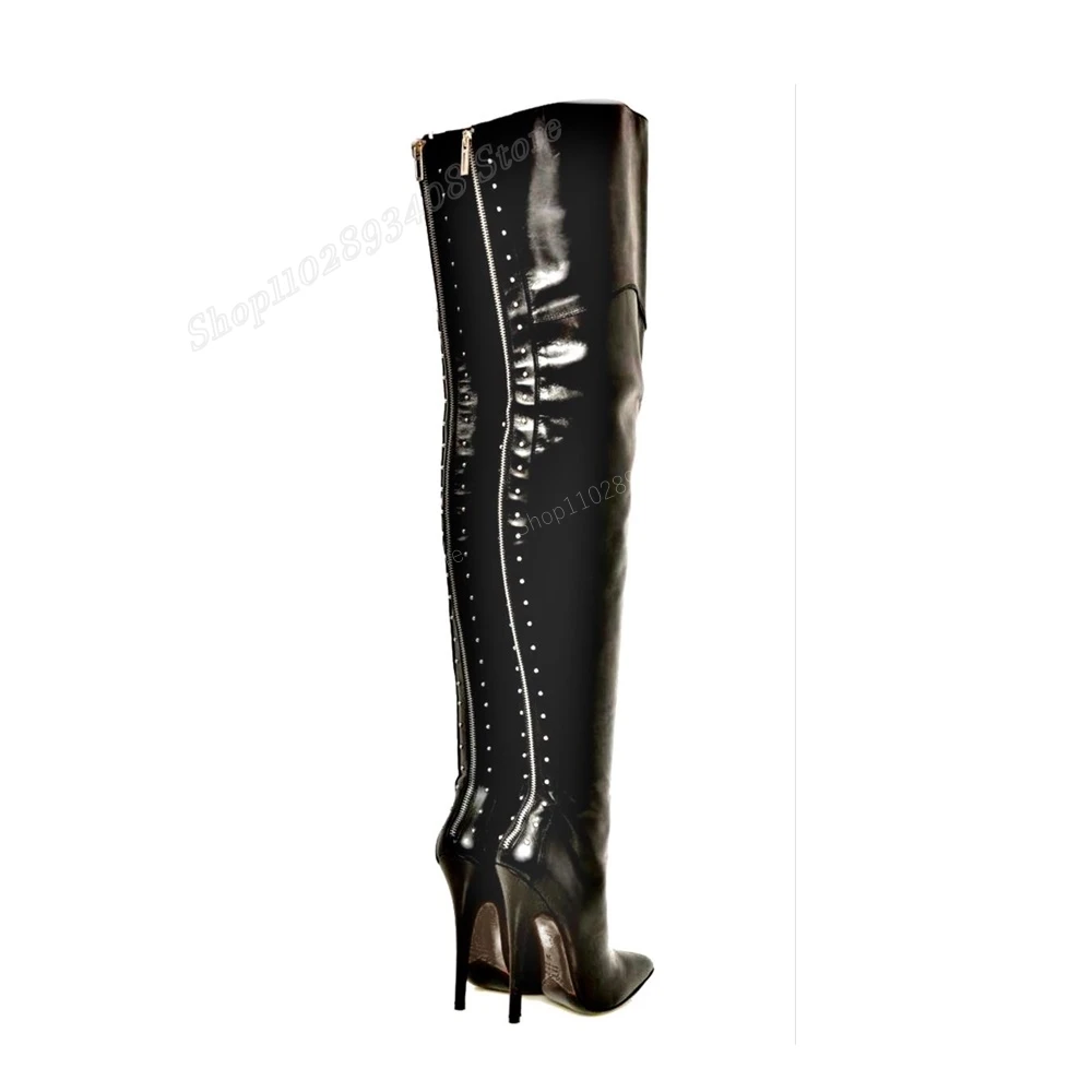 Black-Back-Zipper-Round-Rivets-Decor-Over-the-Knee-Boots-Pointed-Toe ...