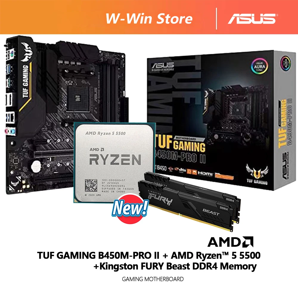 NEW AMD Ryzen 5 5500 R5 5500 CPU + ASUS TUF B450M PRO II Motherboard ...