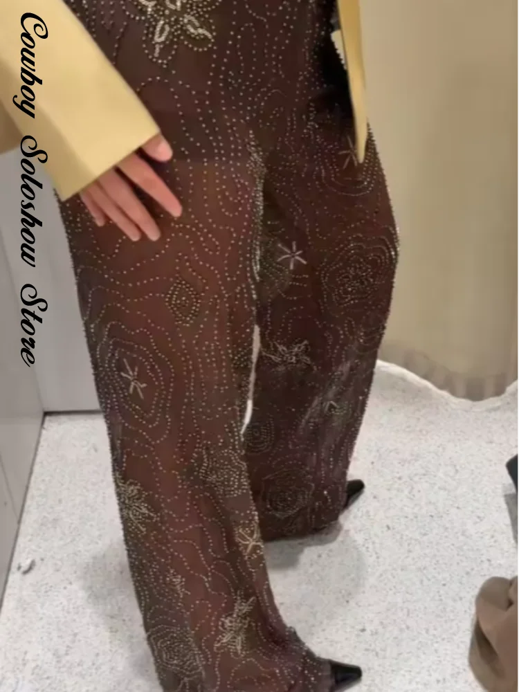 Sexy See-through Pants Women Y2k Elastic Waist Seguin Print Straight ...