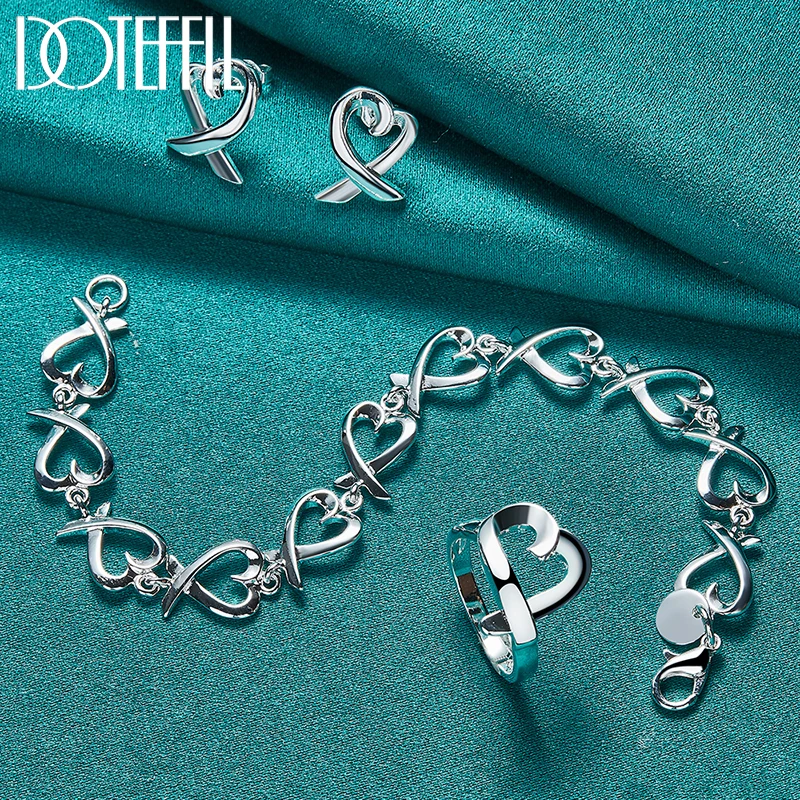 DOTEFFIL 3pcs 925 Sterling Silver Heart Earring Bracelet Ring Set For ...