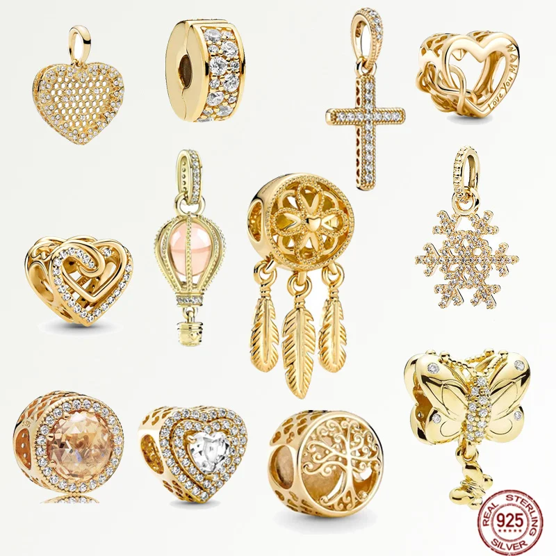 925-Sterling-Silver-Sparkling-Gold-Plated-Series-Charm-Bead-Fit ...