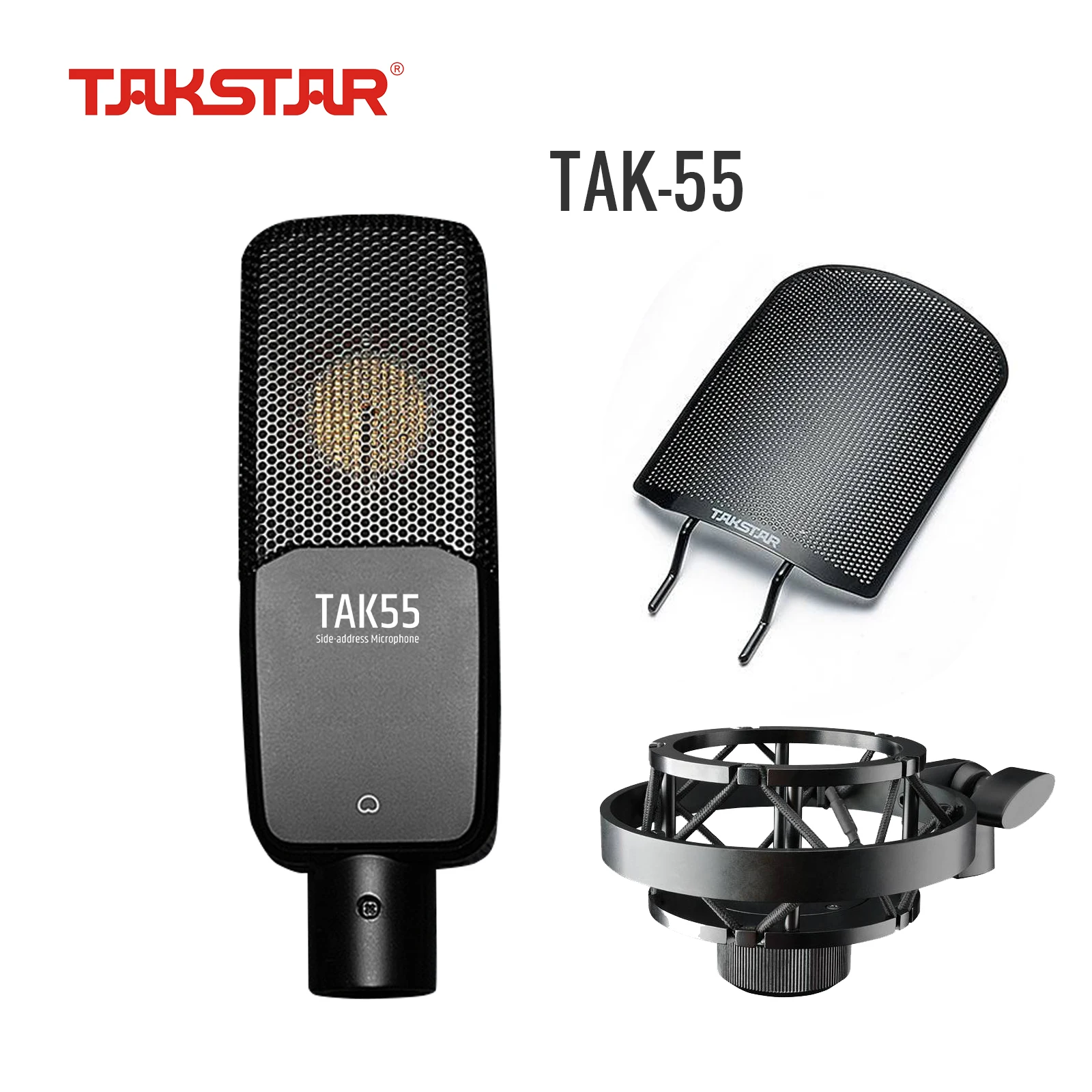Takstar Tak55 대형 다이어프램 콘덴서 마이크 쇼크 마운트 및 팝 필터 포함 보컬 녹음 팟캐스팅 스트리밍용