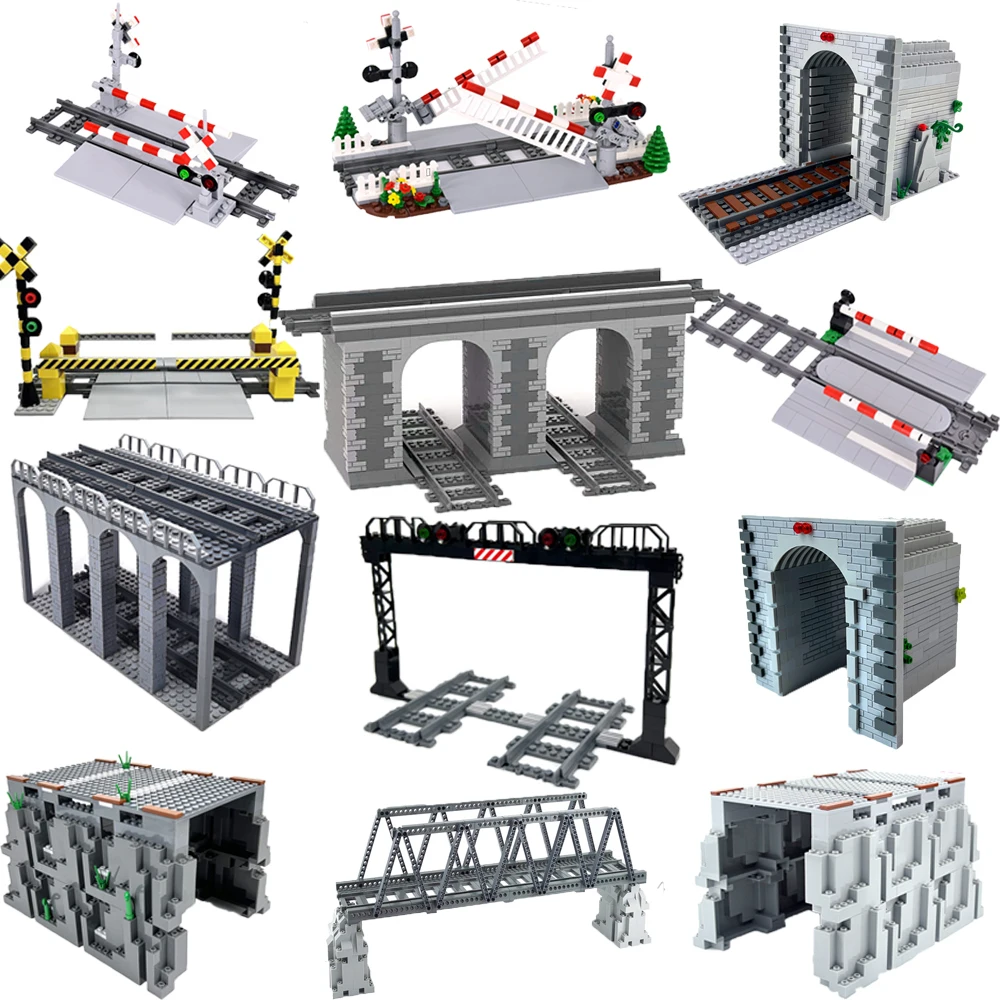 Train-Station-Bridge-Brick-Signs-Signal-Lights-Model-City-Train-Tracks ...