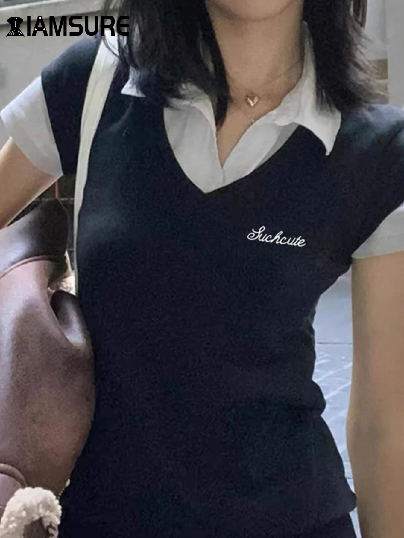 IAMSURE-Preppy-Style-Patchwork-T-Shirt-Fake-2-Piece-Casual-Slim-Turn ...