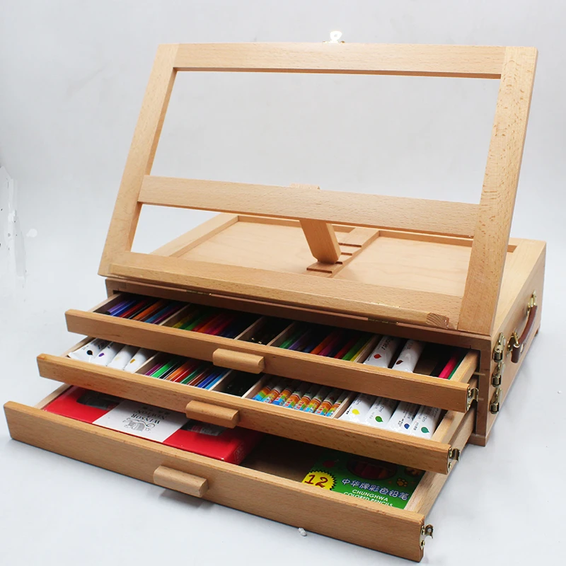 Adjustable-Wooden-3-Drawer-Storage-Box-Easel-Beechwood-Portable-Artist ...