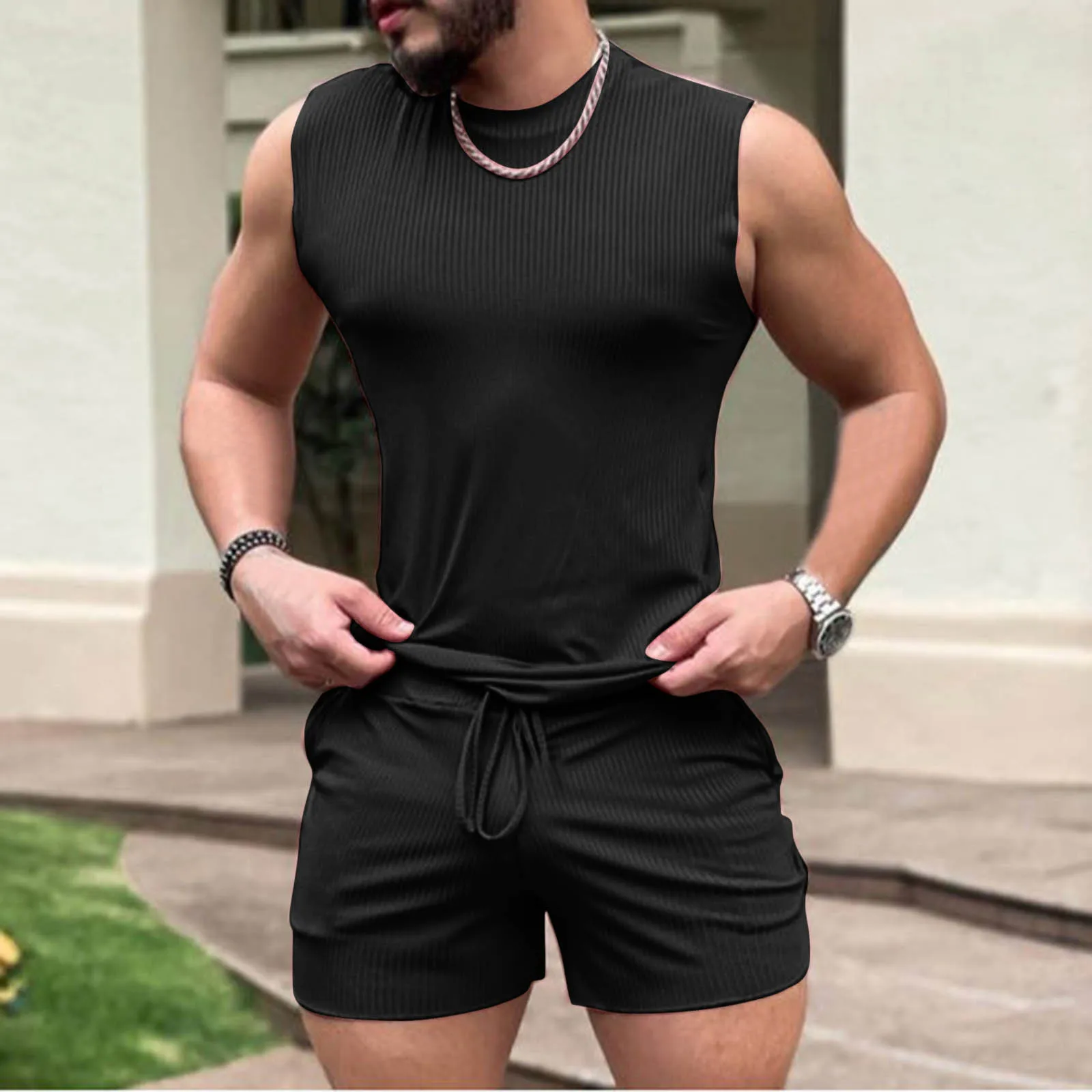 Men Tank Top Shorts Set Solid Black Sleeveless Shirts Gym Bottoms Male ...