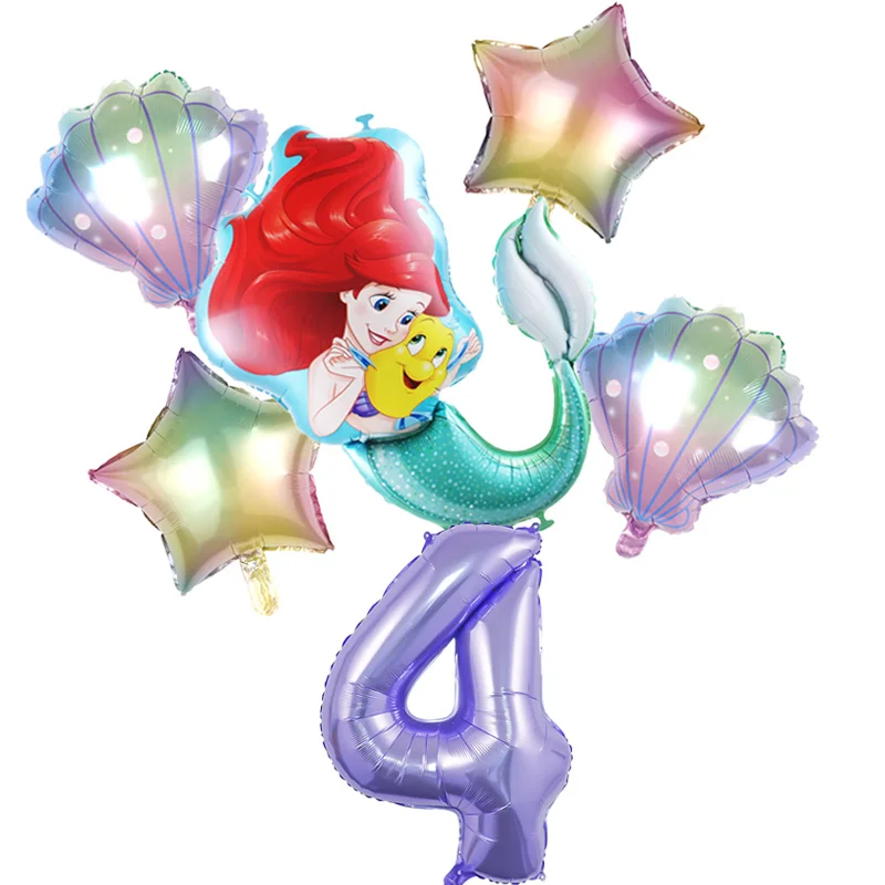 6pcs Mermaid Ariel Cartoon Disney Princess Foil Balloons 32inch Number ...
