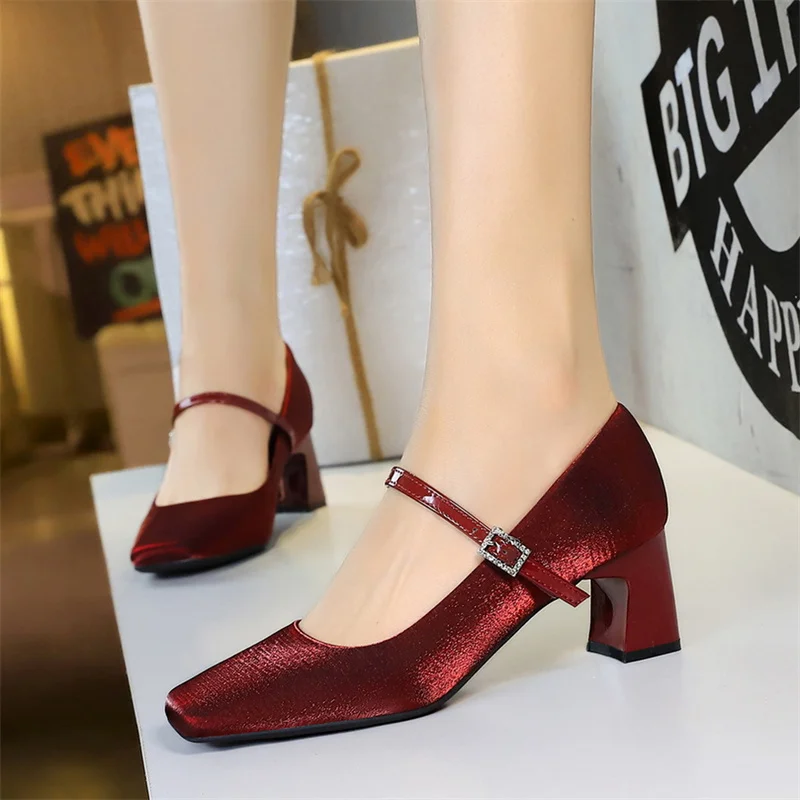 Fragrance Square-Head Rhinestone Strap Silk Satin Thick Heel Medium ...