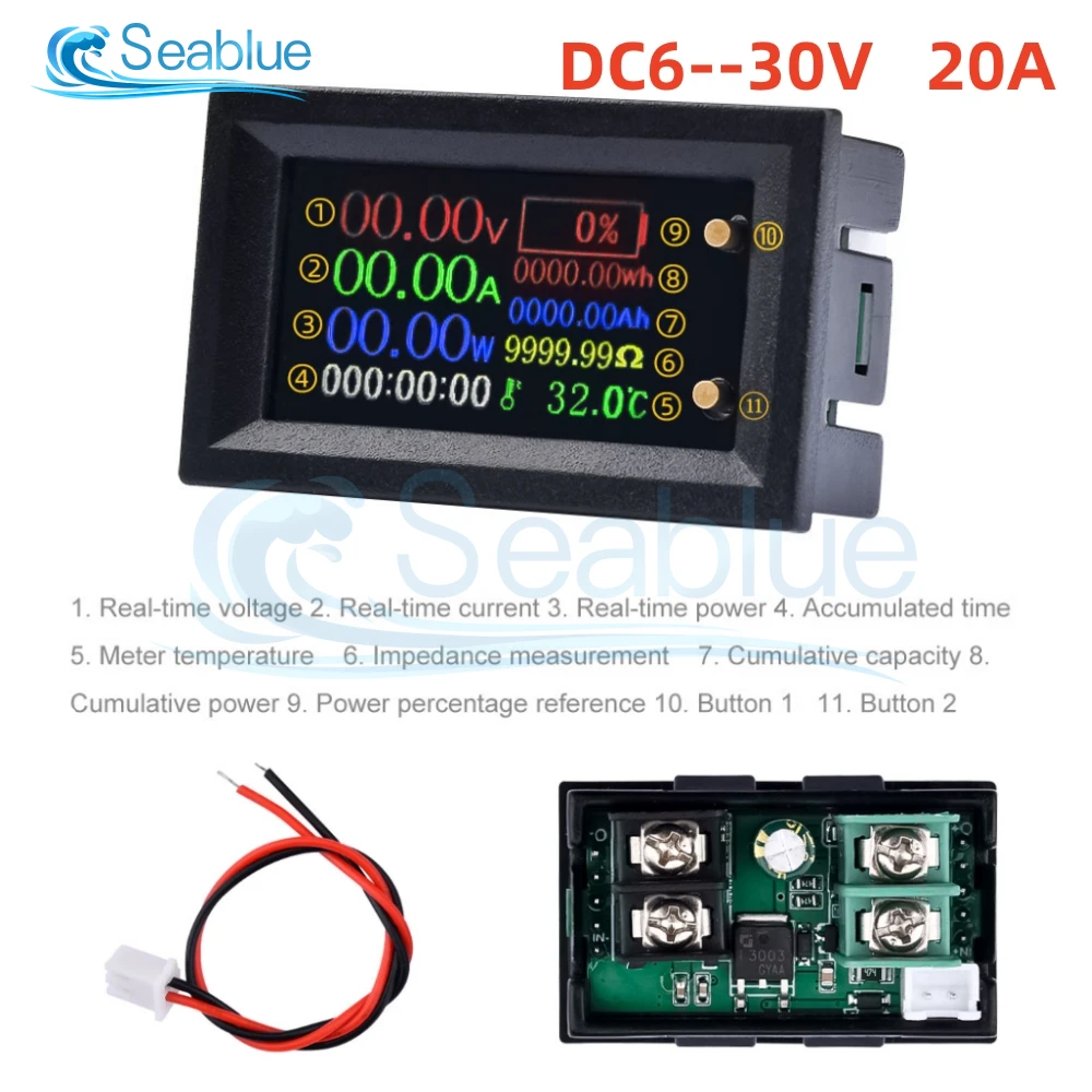 IPS LCD 디지털 전압계 전류계, 다기능 테스터, 전압 전류 전력 에너지 배터리 전기 테스트 미터, DC30V20A, 9in ...