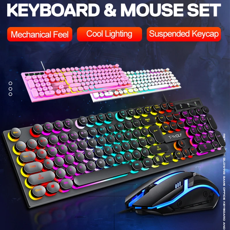 Gaming-Light-up-Wired-RGB-Illuminated-Punk-Round-Keycap-Keyboard-and ...