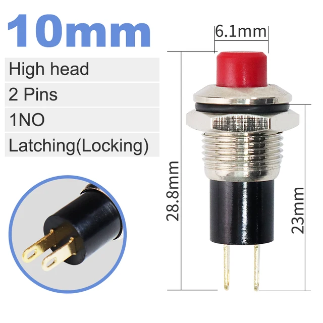 10MM Micro Switch with Fixation Latching Self-locked Mini Push Button Switches 2 pins 1NO ...
